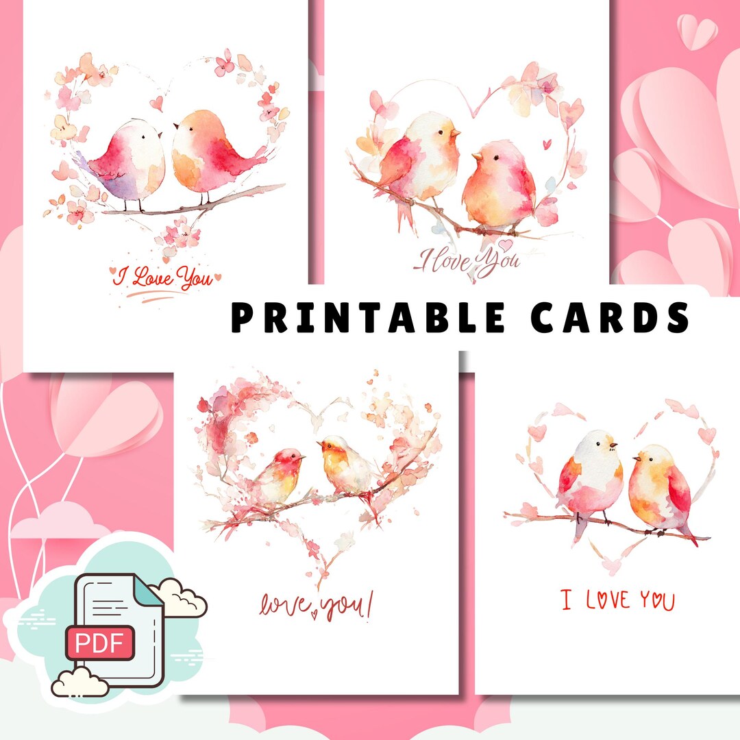 Printable Love Card Bundle | Watercolor Birds | Romantic Heart Cards ...