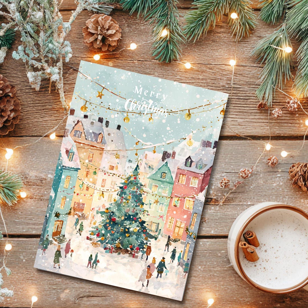 Watercolor Christmas Card Set: Cozy Winter Town Design (digital ...