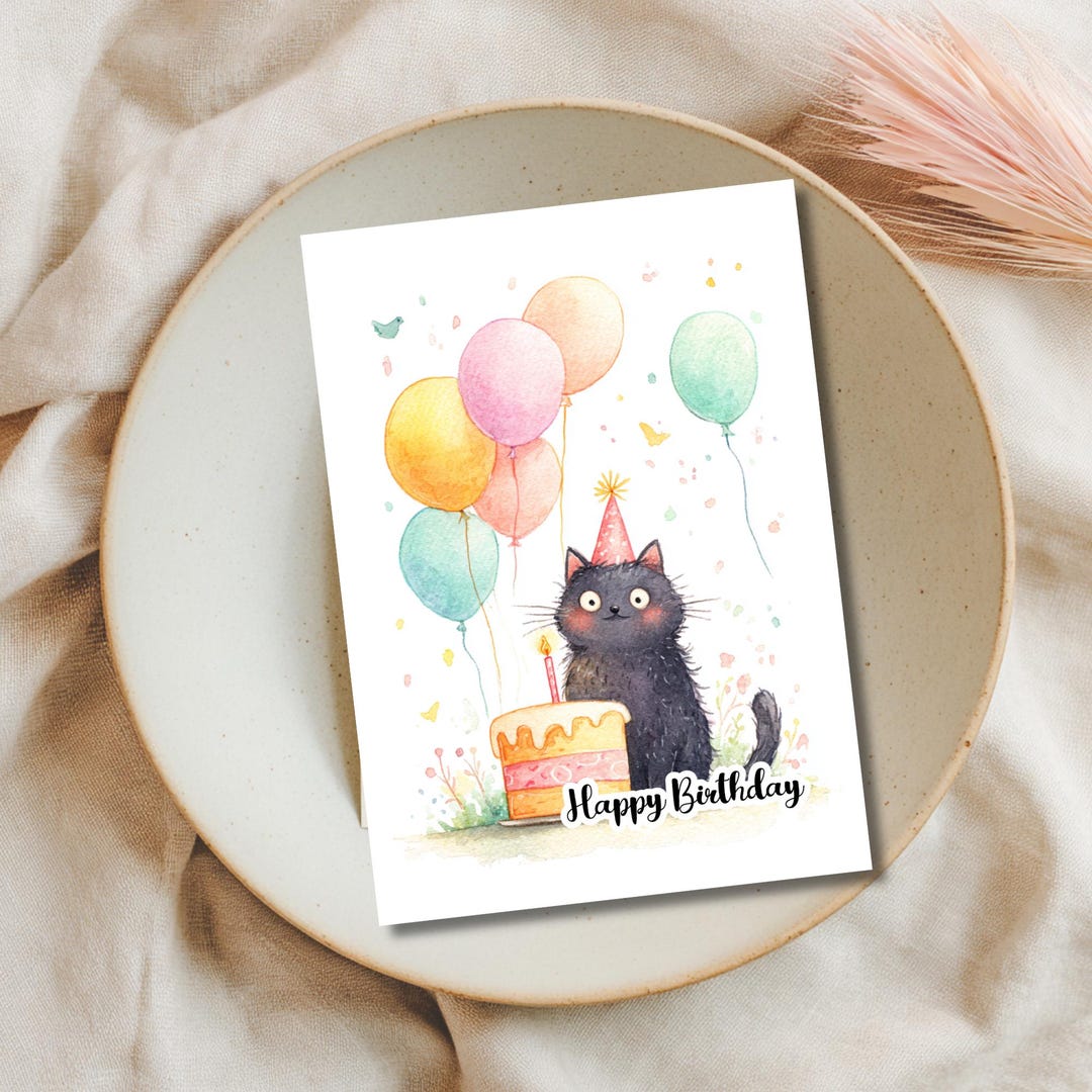 Watercolor Cat Birthday Card Bundle | Party Balloons Illustration ...