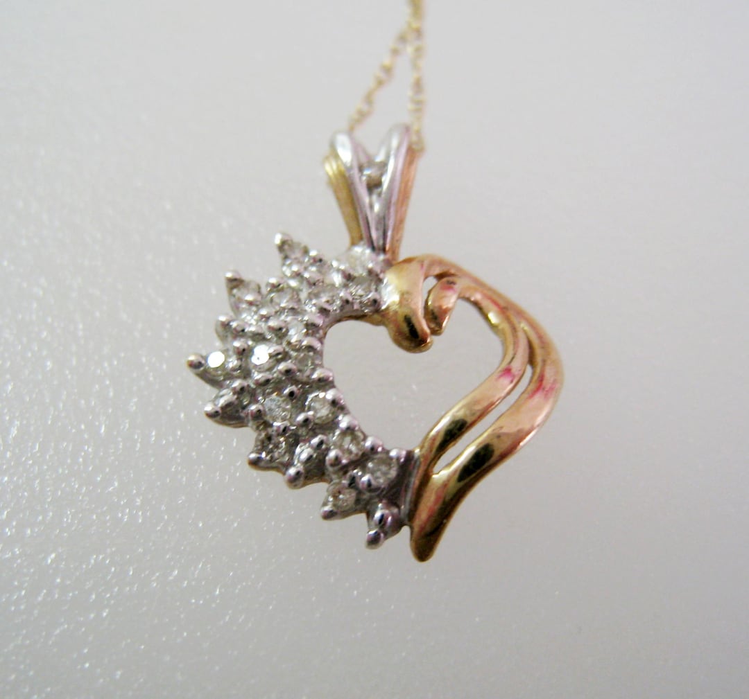 10K Gold Heart Pendant Necklace W/ Real Diamonds by ADL, Yellow & White ...