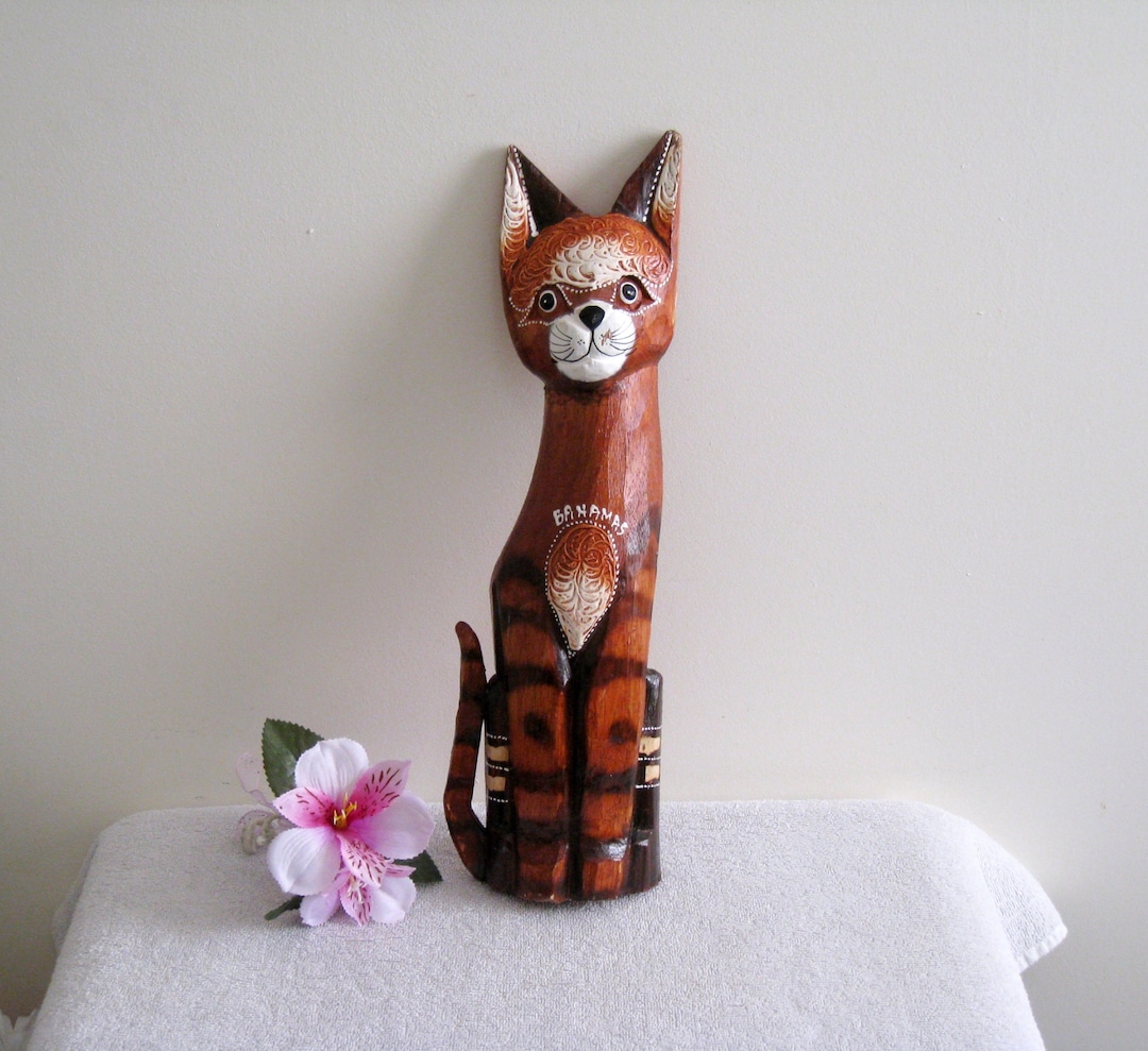 Hand Carved Wooden Cat Figure, Mid Century Hand Painted Folk Art Cat ...