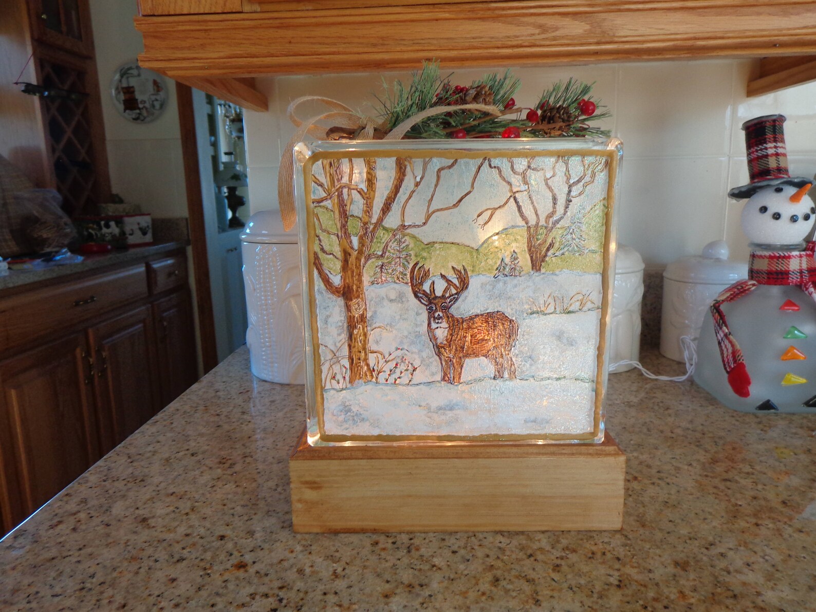 Decorative Glass Block on Wooden Stand (very Pretty Hand-sketched, Hand ...