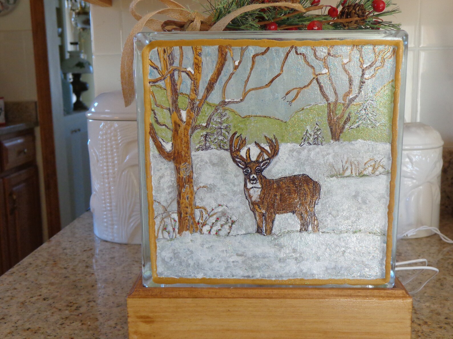 Decorative Glass Block on Wooden Stand (very Pretty Hand-sketched, Hand ...