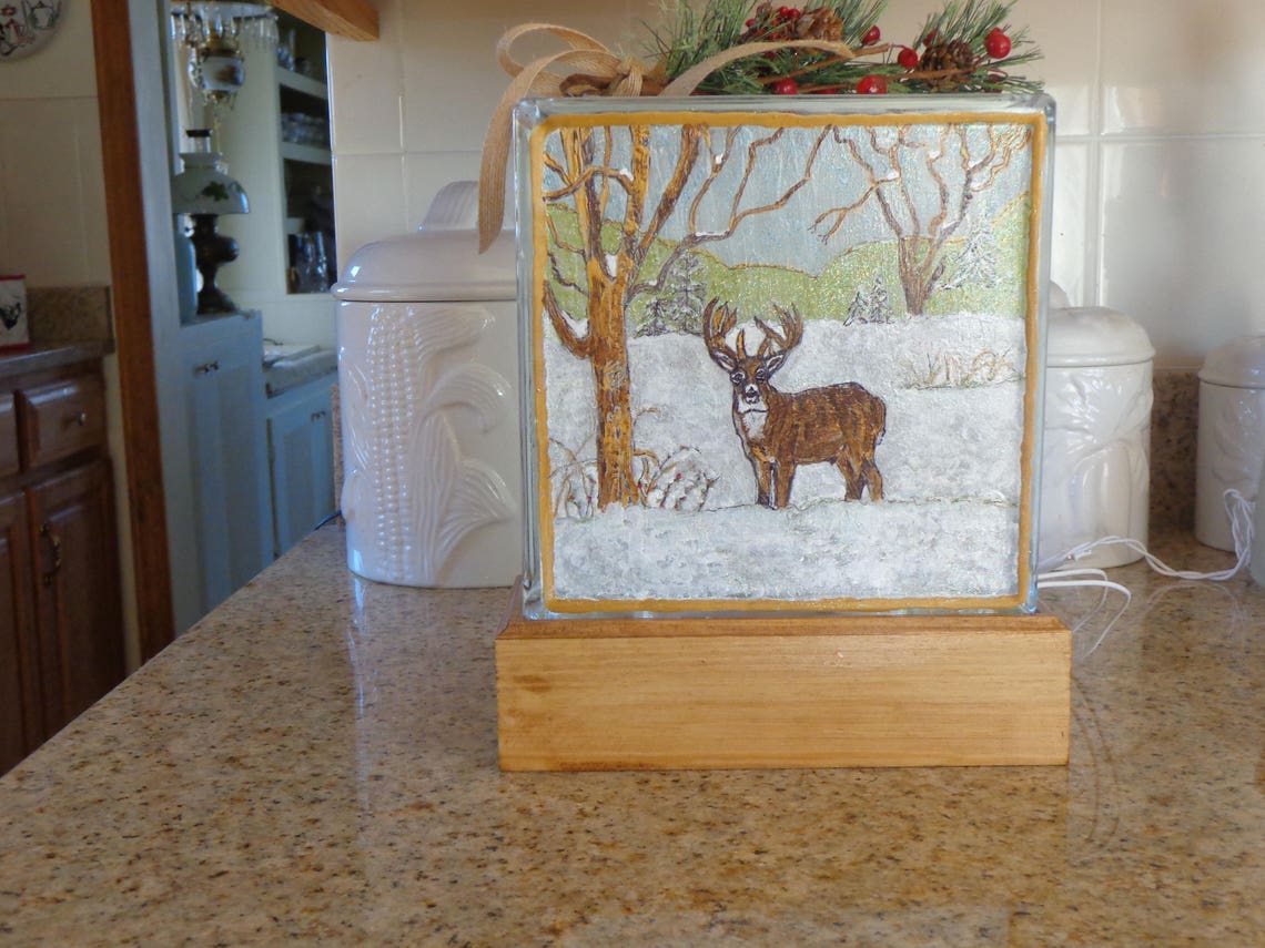 Decorative Glass Block on Wooden Stand (very Pretty Hand-sketched, Hand ...
