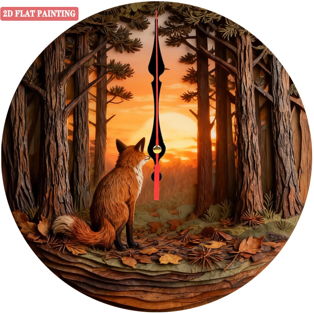 Fox Wooden Wall Clock – Round Forest Animal Decor – Nature Sunset Wall ...