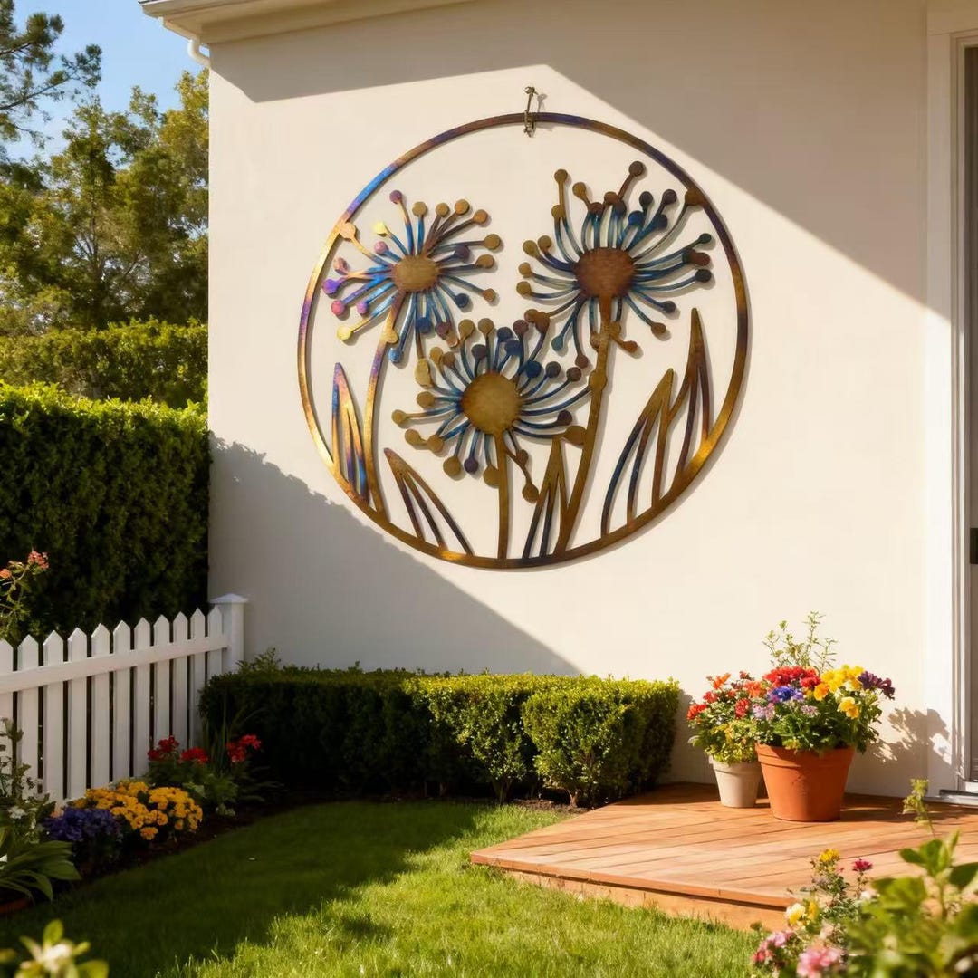 Natural Metal Outdoor Decor, Heat Colored Flowers Metal Wall Hanging ...