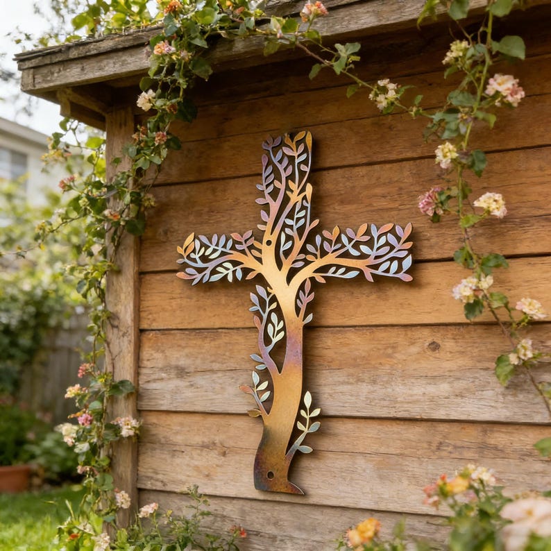 Metal Cross of Branches Wall Art, Tree of Life Cross Art, Handmade Yard ...