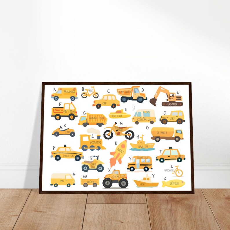 ABC Alphabet Transportation Printable – 2x Yellow Vehicles Poster for ...