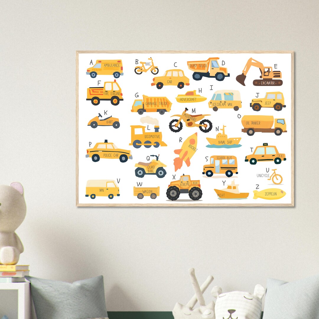 ABC Alphabet Transportation Printable – 2x Yellow Vehicles Poster for ...
