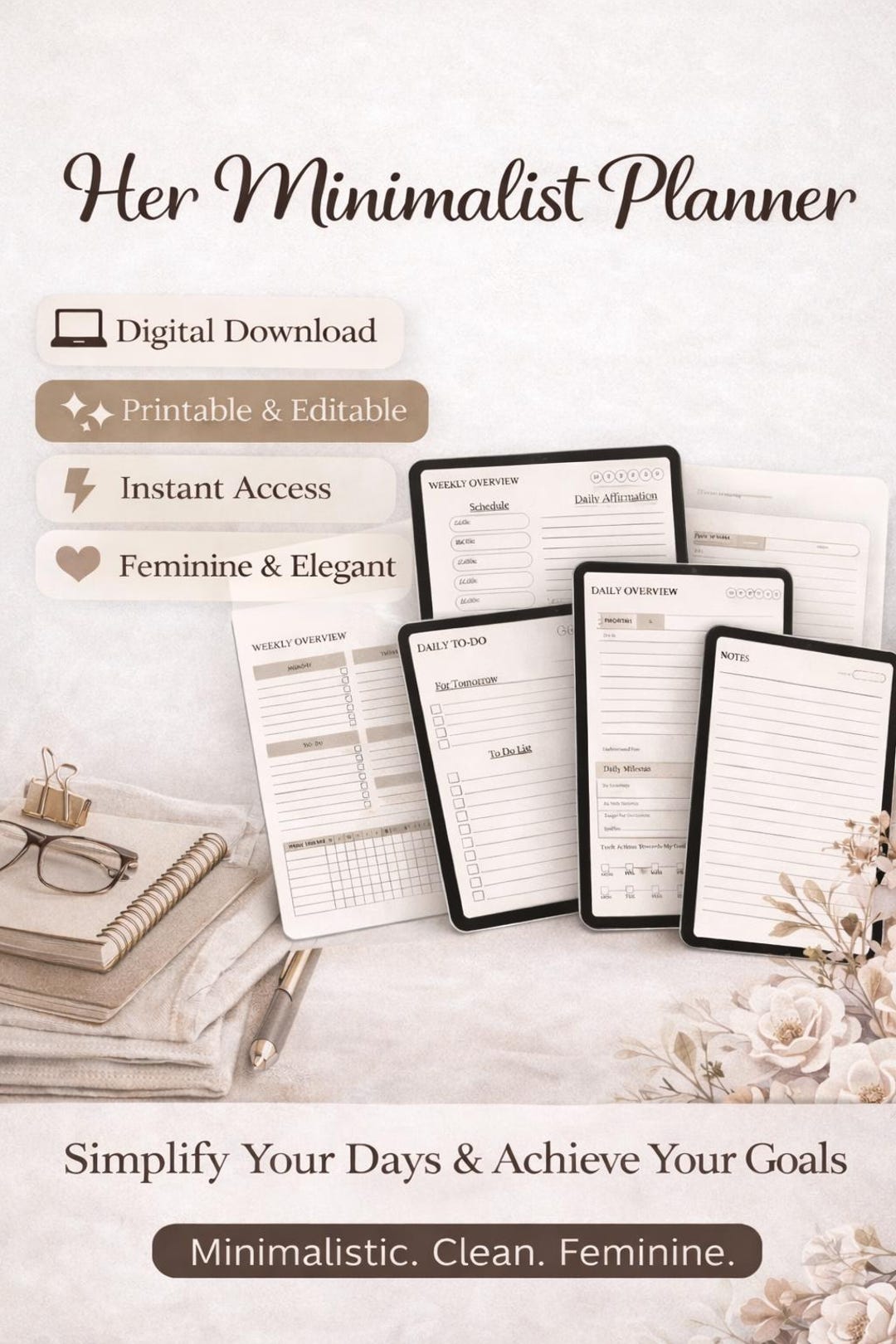 Beige Minimalist Planner Bundle – Daily, Weekly, Goal Setting (digital ...