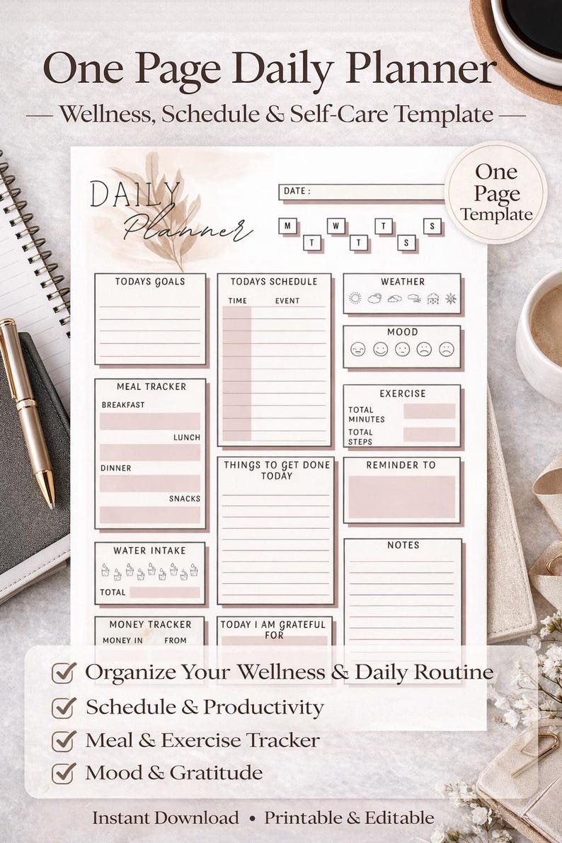One Page Daily Planner | Wellness, Schedule, Self-care (printable PDF ...