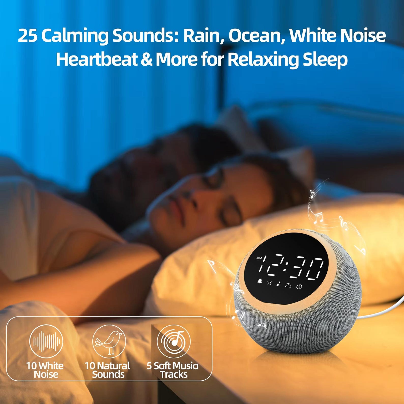 White Noise Sound Machine Alarm Clock With Night Light | 25 Soothing ...