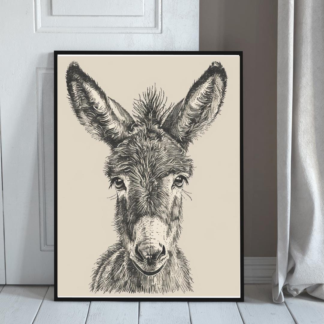 Baby Donkey Engraving Print, Antique Farmhouse Line Art, Minimalist ...