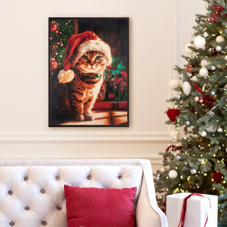 Christmas Tabby Cat Diamond Art Kit: Holiday Wall Decor 19.7x25.6in ...