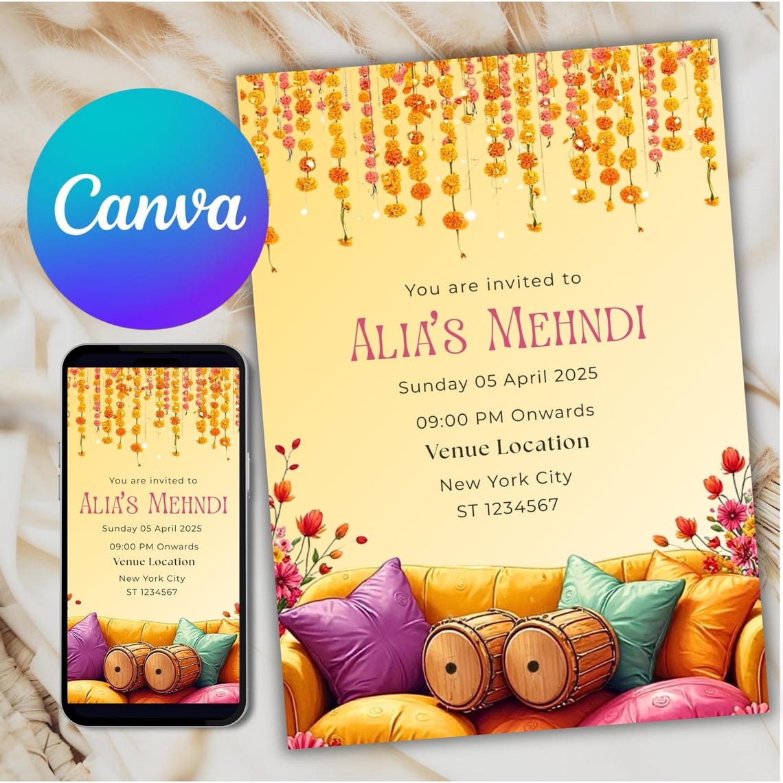 Colorful Mehndi Invitation Template: Haldi, Sangeet, Dholki (digital ...
