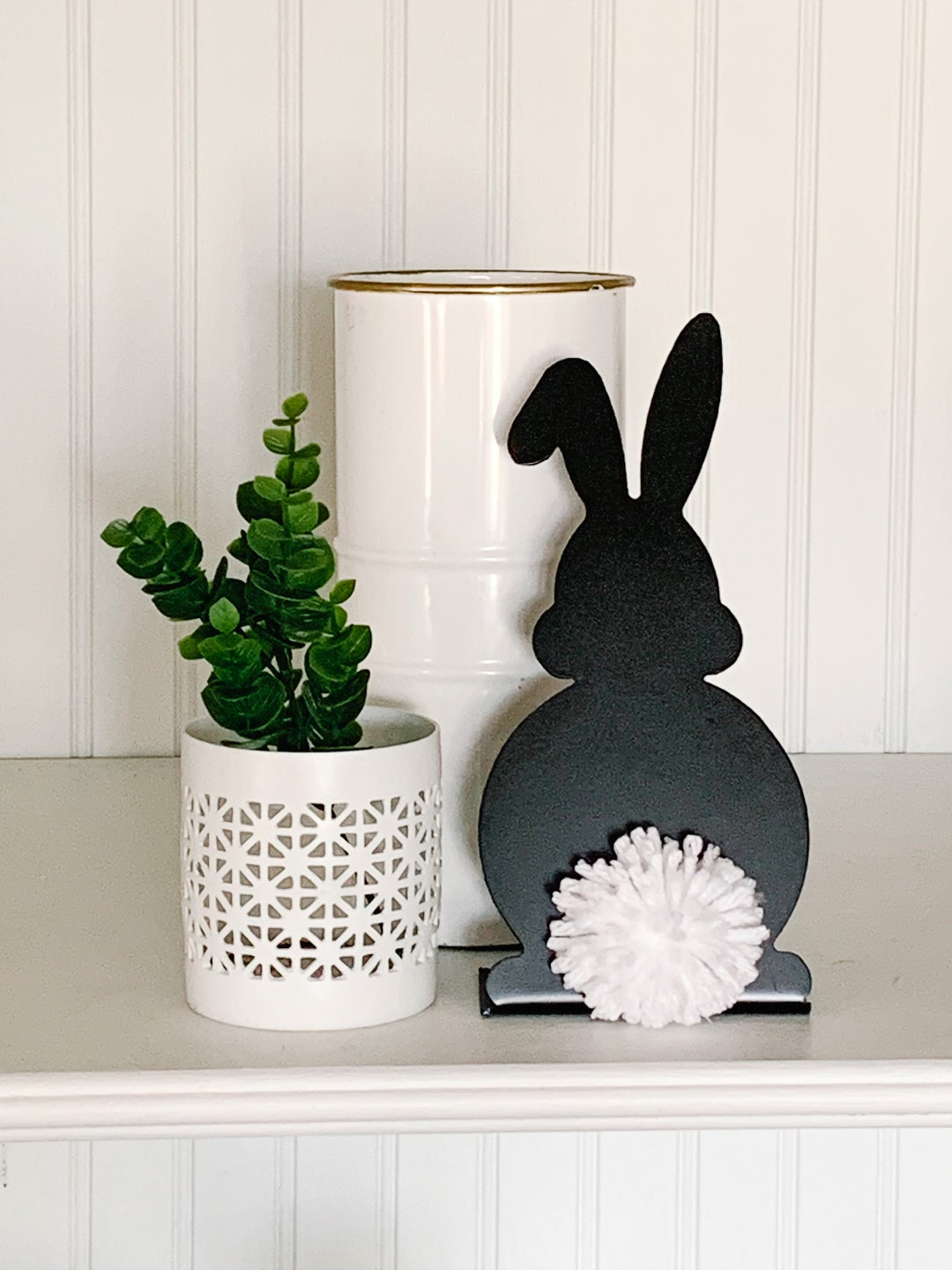 Metal Bunny With Fuzzy Pom Pom Tail Bunny Shelf Decor Farmhouse Easter ...