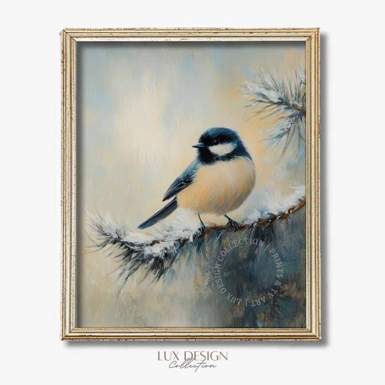 Winter Chickadee on Frosty Pine Branch - Cozy Cottagecore Wall Art ...