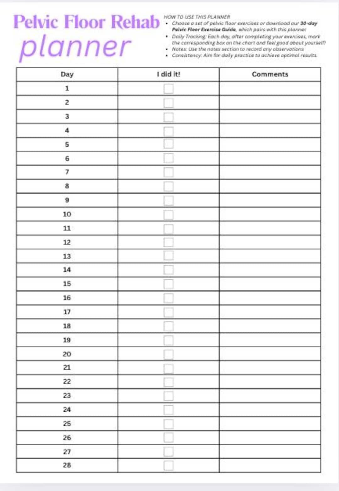 Pelvic Floor Rehab: 4-week Planner Chart - Etsy