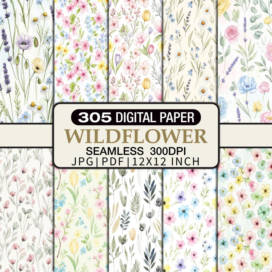 305 Wildflower Digital Paper Bundle, Seamless Watercolor Floral ...