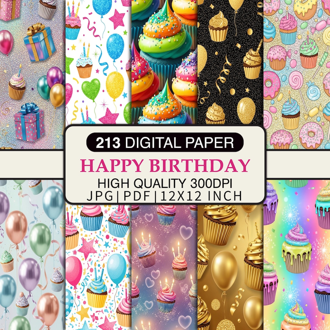 Birthday Digital Paper Pack, Party Seamless Patterns, Cupcake Balloon ...