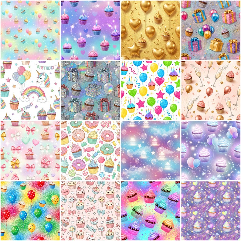 Birthday Digital Paper Pack, Party Seamless Patterns, Cupcake Balloon ...