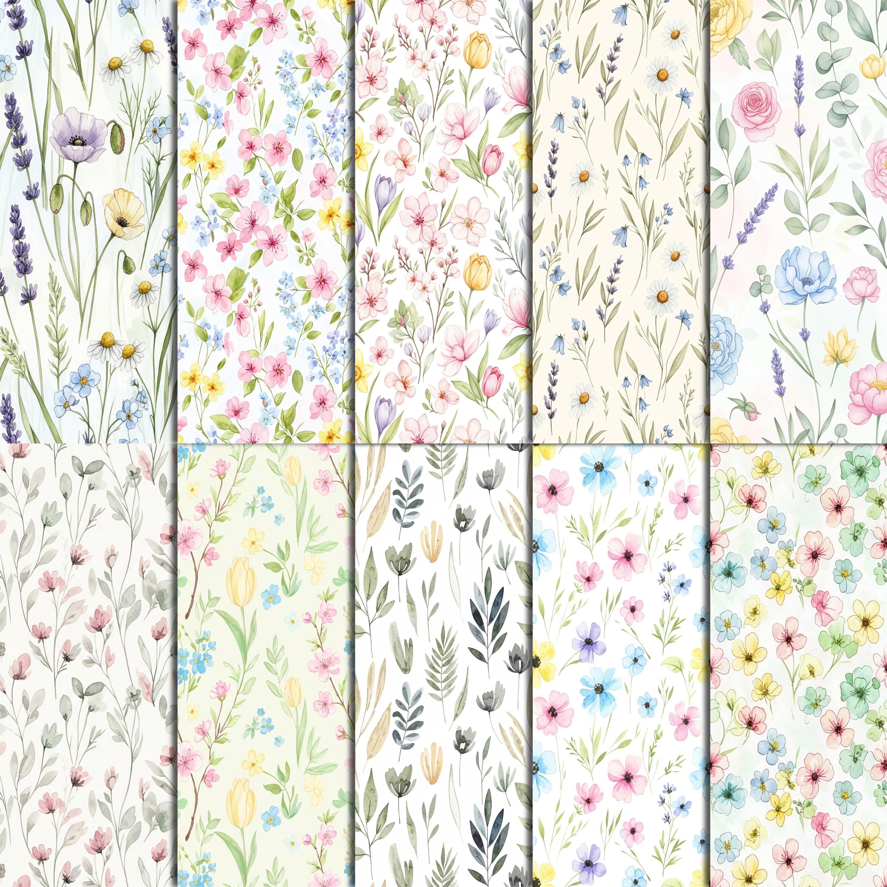305 Wildflower Digital Paper Bundle, Seamless Watercolor Floral ...