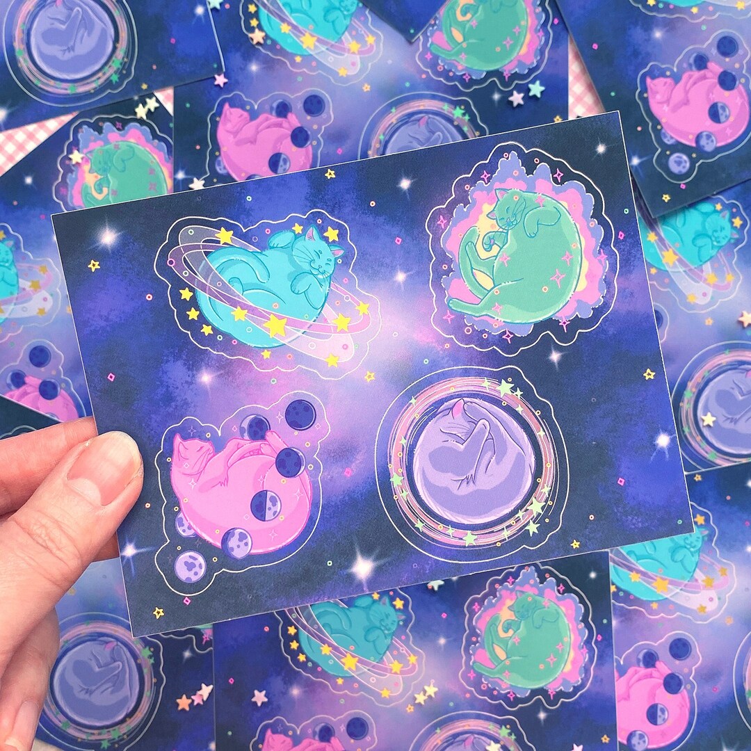 Matte Mirror Sparkly Star Cat Planet Vinyl Sticker Sheet - Etsy