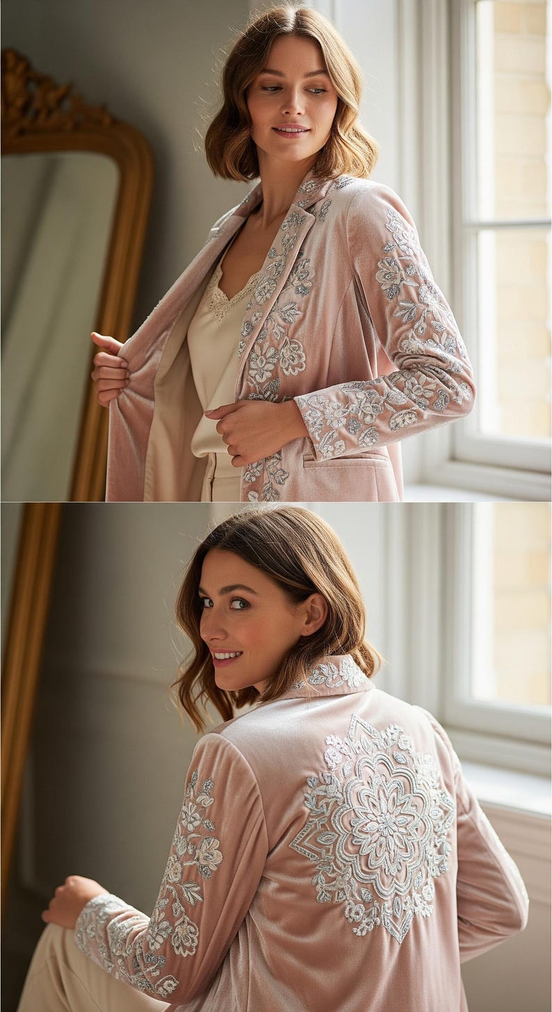Women’s Embroidered Velvet Coat | Blush Pink Long Jacket With Floral ...