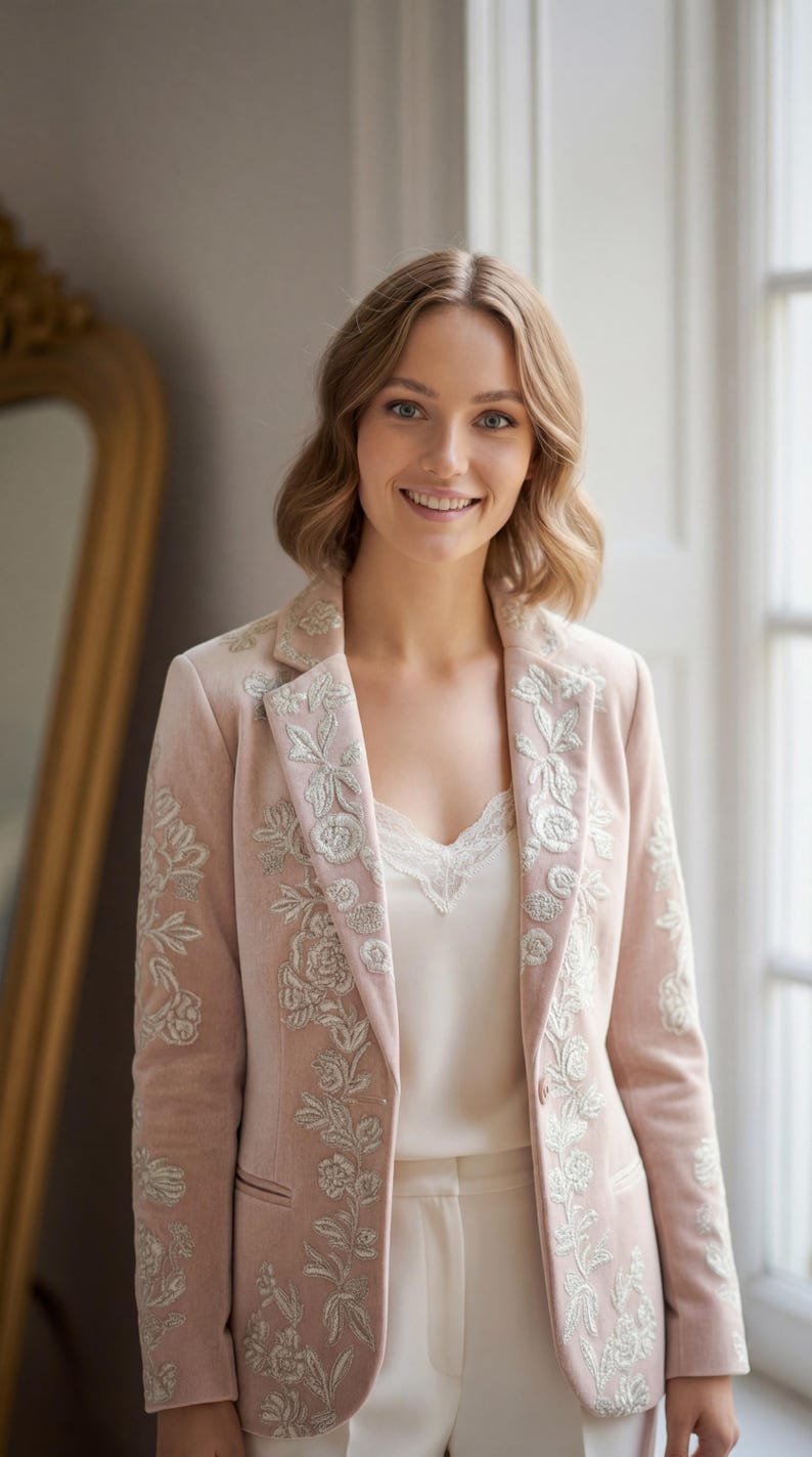 Women’s Embroidered Velvet Coat | Blush Pink Long Jacket With Floral ...