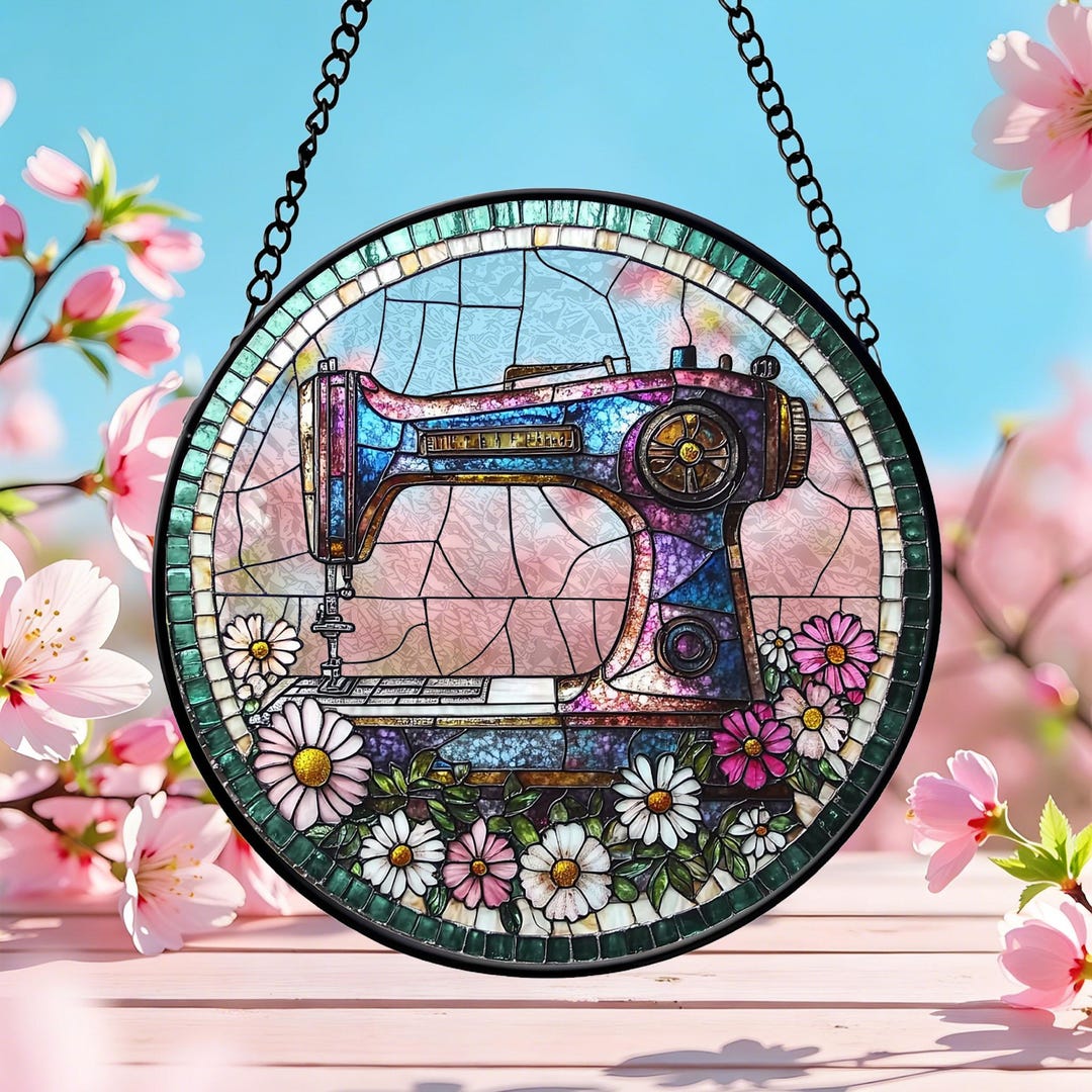 Vintage Sewing Machine Floral Stained Glass Suncatcher | Circular ...