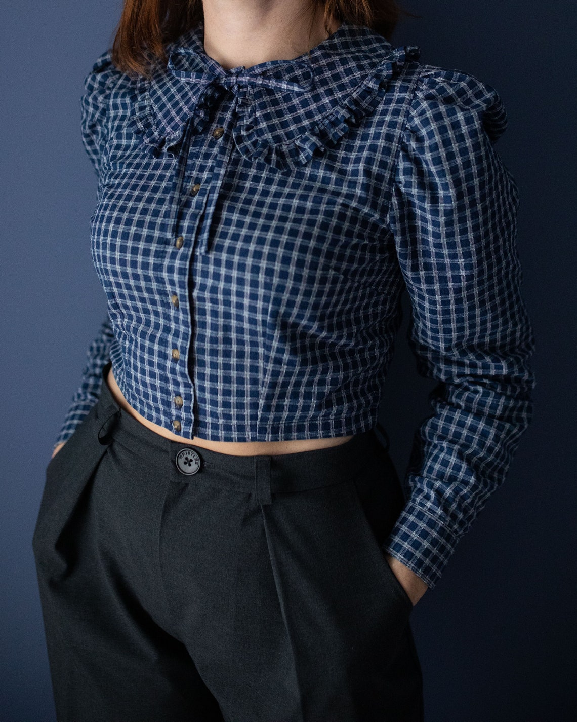 Ruffle Collar Upcycled Shirt Navy Blue - Etsy