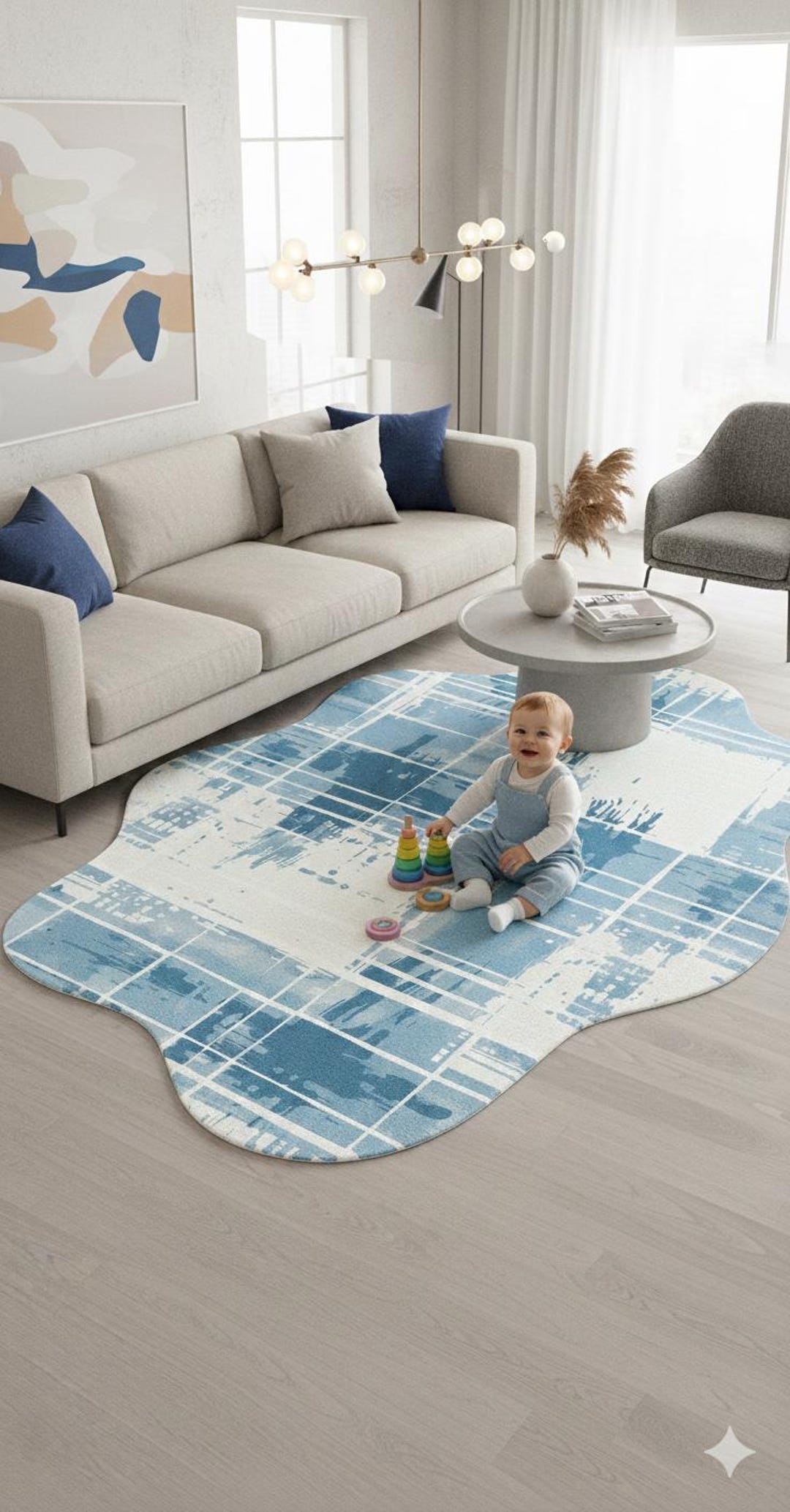 Modern Abstract Hand Tufted Rug | Blue & Ivory Contemporary | Organic ...