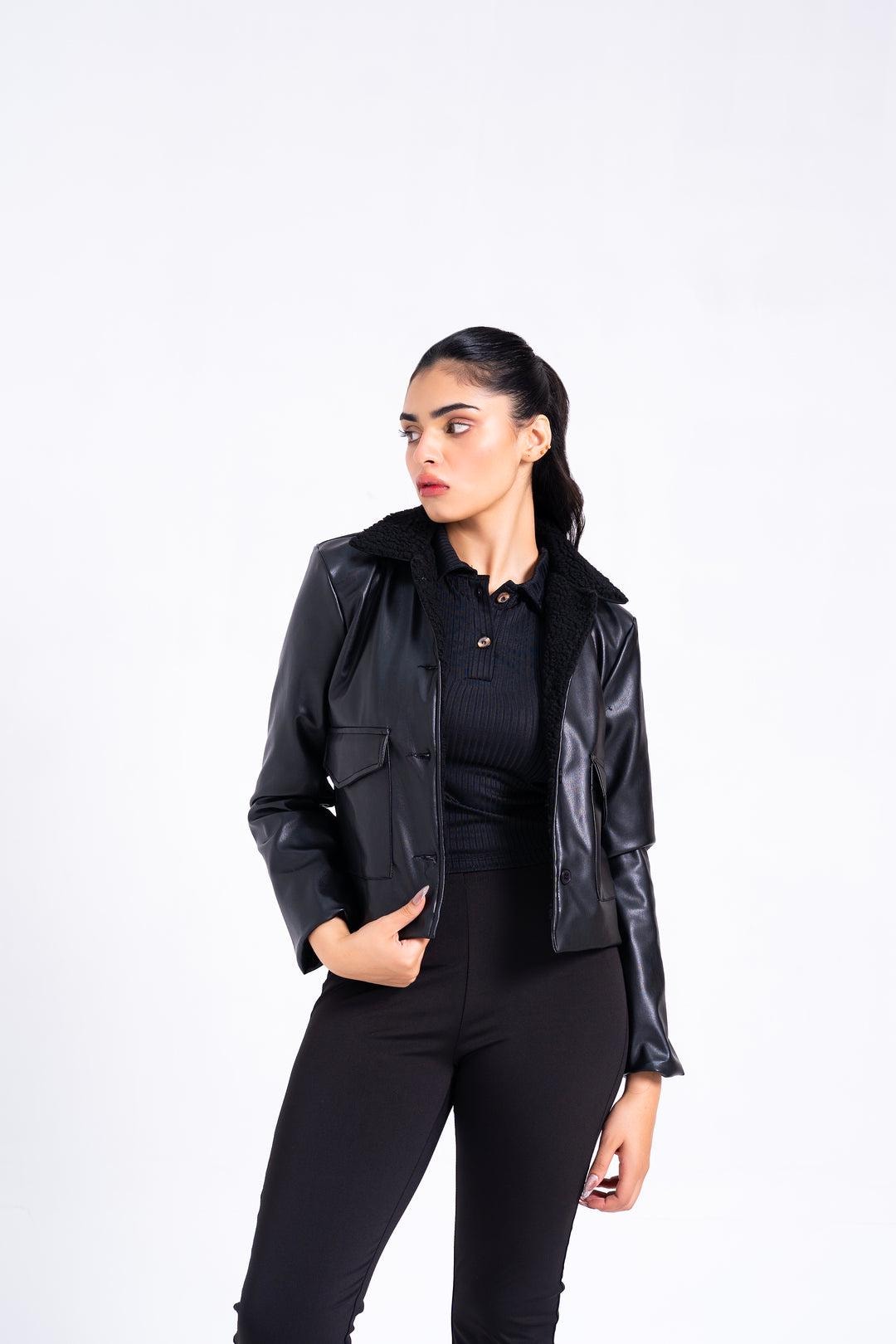 Sherpa Collared Leather Jacket With Patch Pocket - Black - Etsy