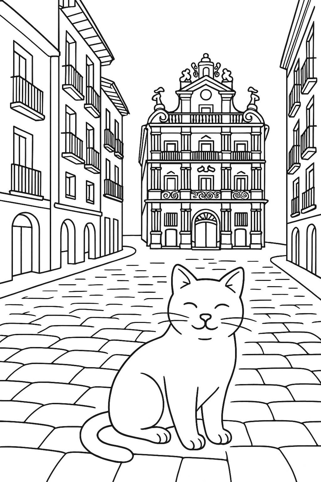 Camino De Santiago Cat Coloring Page – Pamplona Street Scene, Printable ...