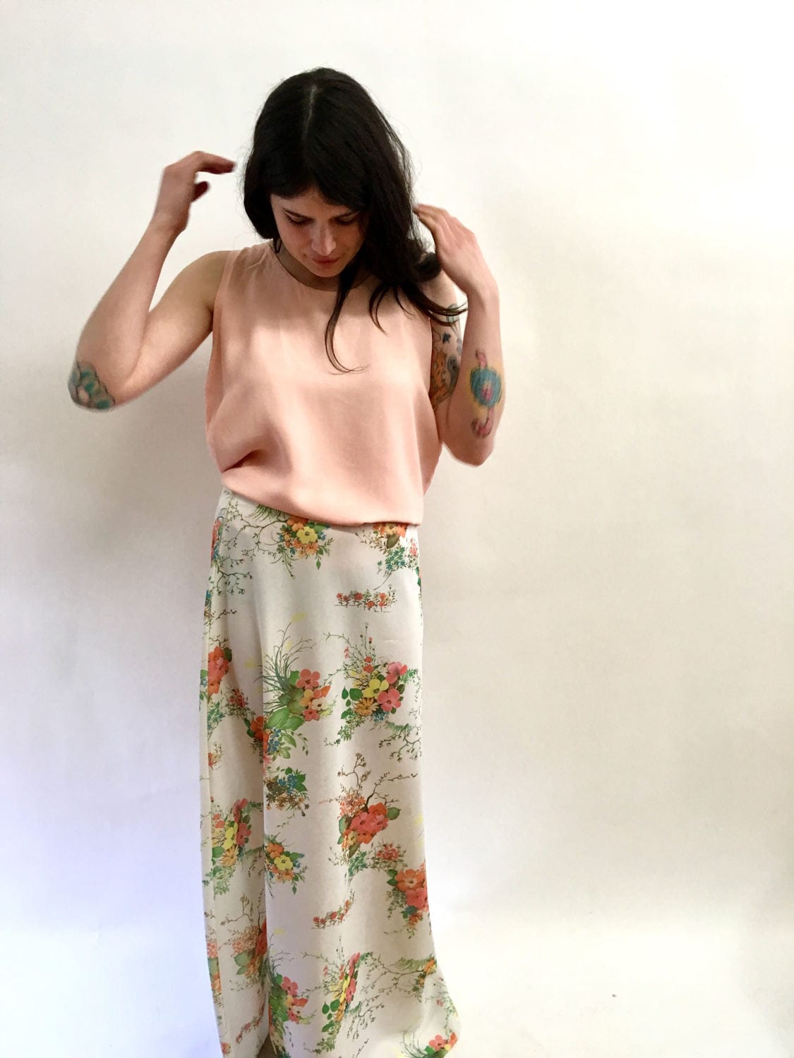 Vintage 70s Botanical Floral Maxi Skirt Watercolor Illustration Flower ...