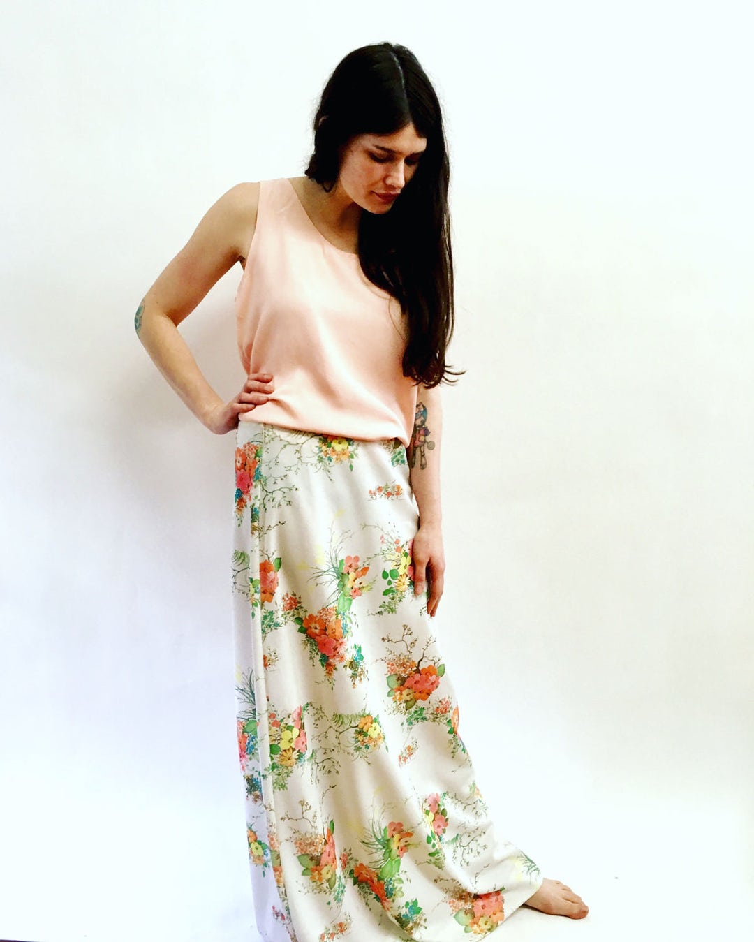 Vintage 70s Botanical Floral Maxi Skirt Watercolor Illustration Flower ...