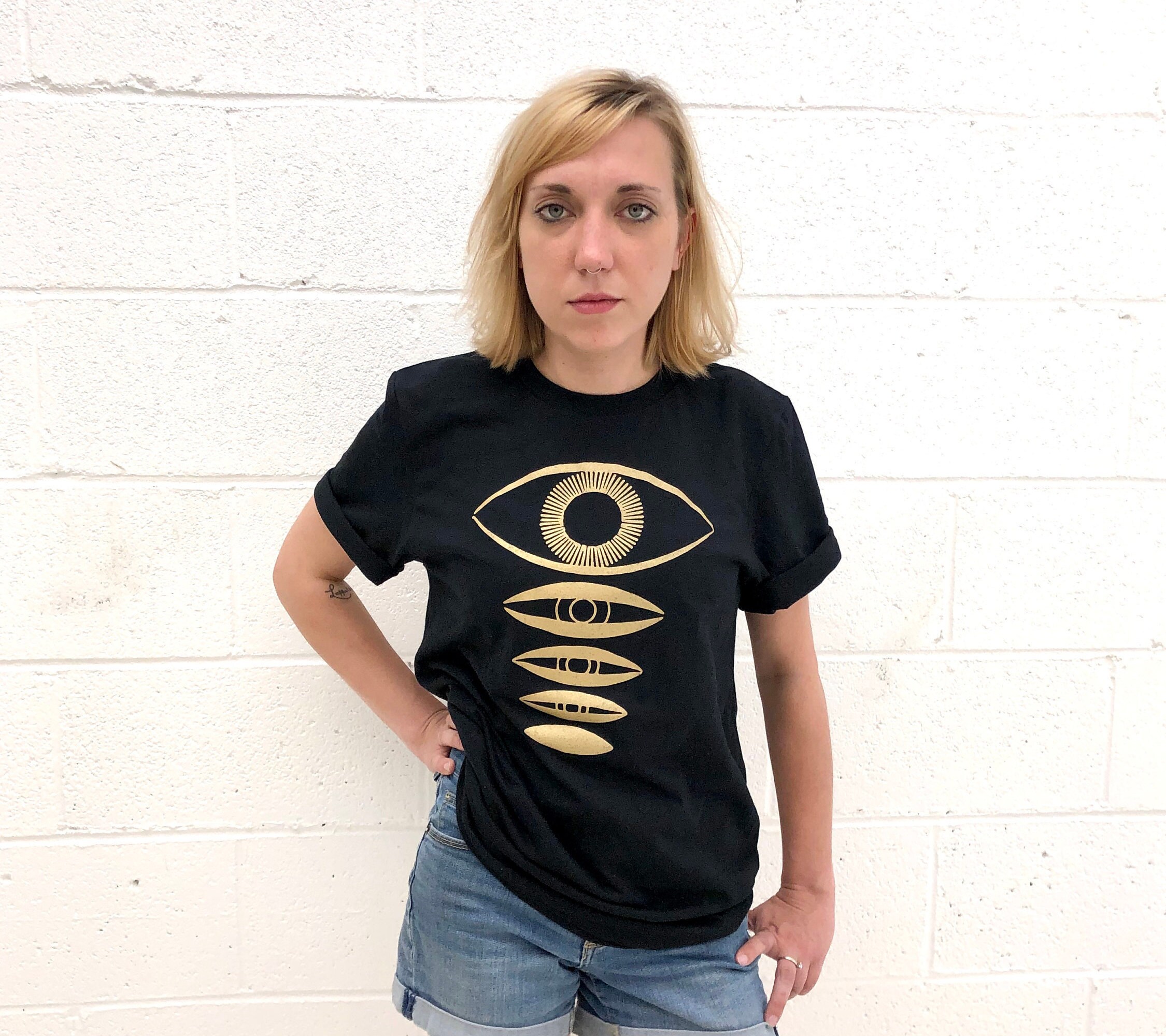 Seeing Eye Graphic Tshirt Gold on Black Tee Hand Silk Screened Tshirt ...