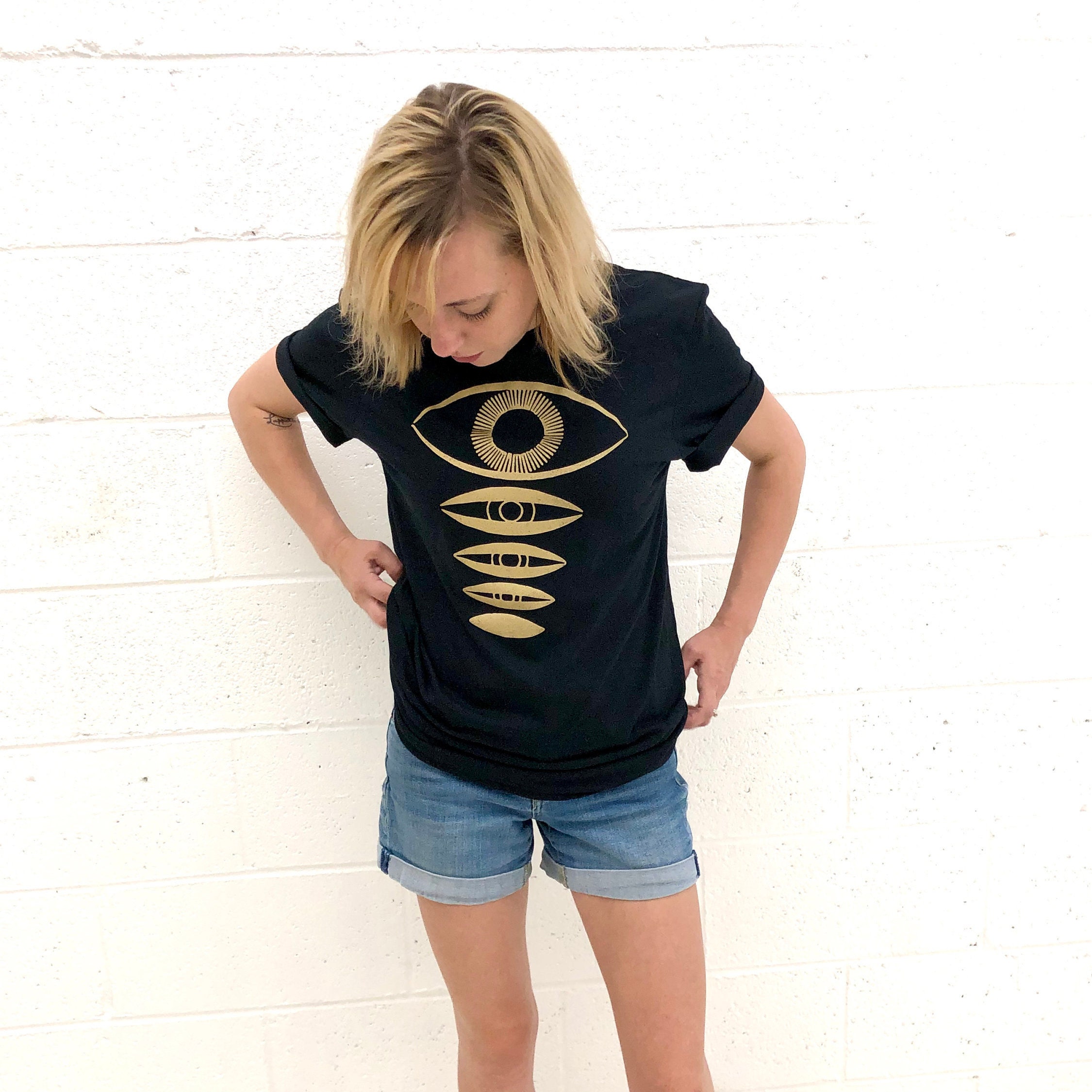 Seeing Eye Graphic Tshirt Gold on Black Tee Hand Silk Screened Tshirt ...