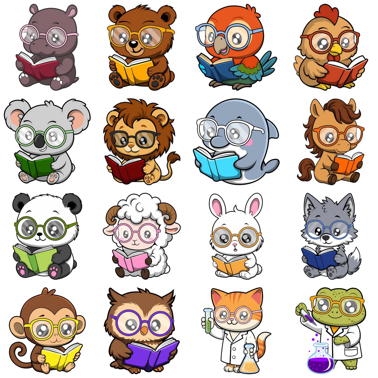 Cute Nerdy Animal Reading PNG, Science Chemistry Bookworm Clipart ...