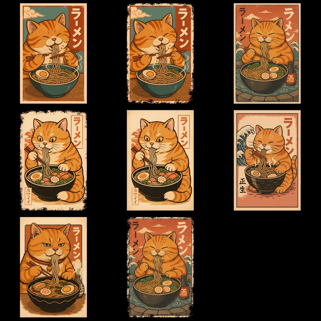 Orange Tabby Cat Eats Ramen PNG – Japanese Vintage Clipart, Sublimation ...
