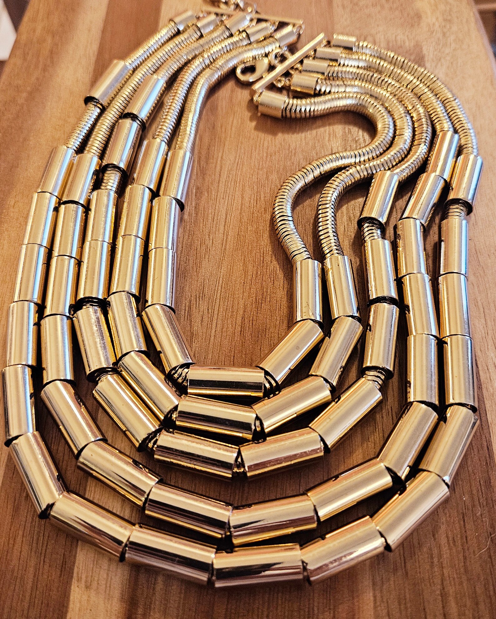 Vintage Roman Luxe Gold Five-strand Snake Chains and Tubes Bib Necklace ...