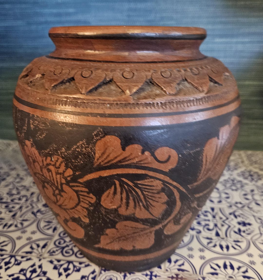 Vintage Redware Pottery Vase With Stenciled Floral Desig! Mission Style ...