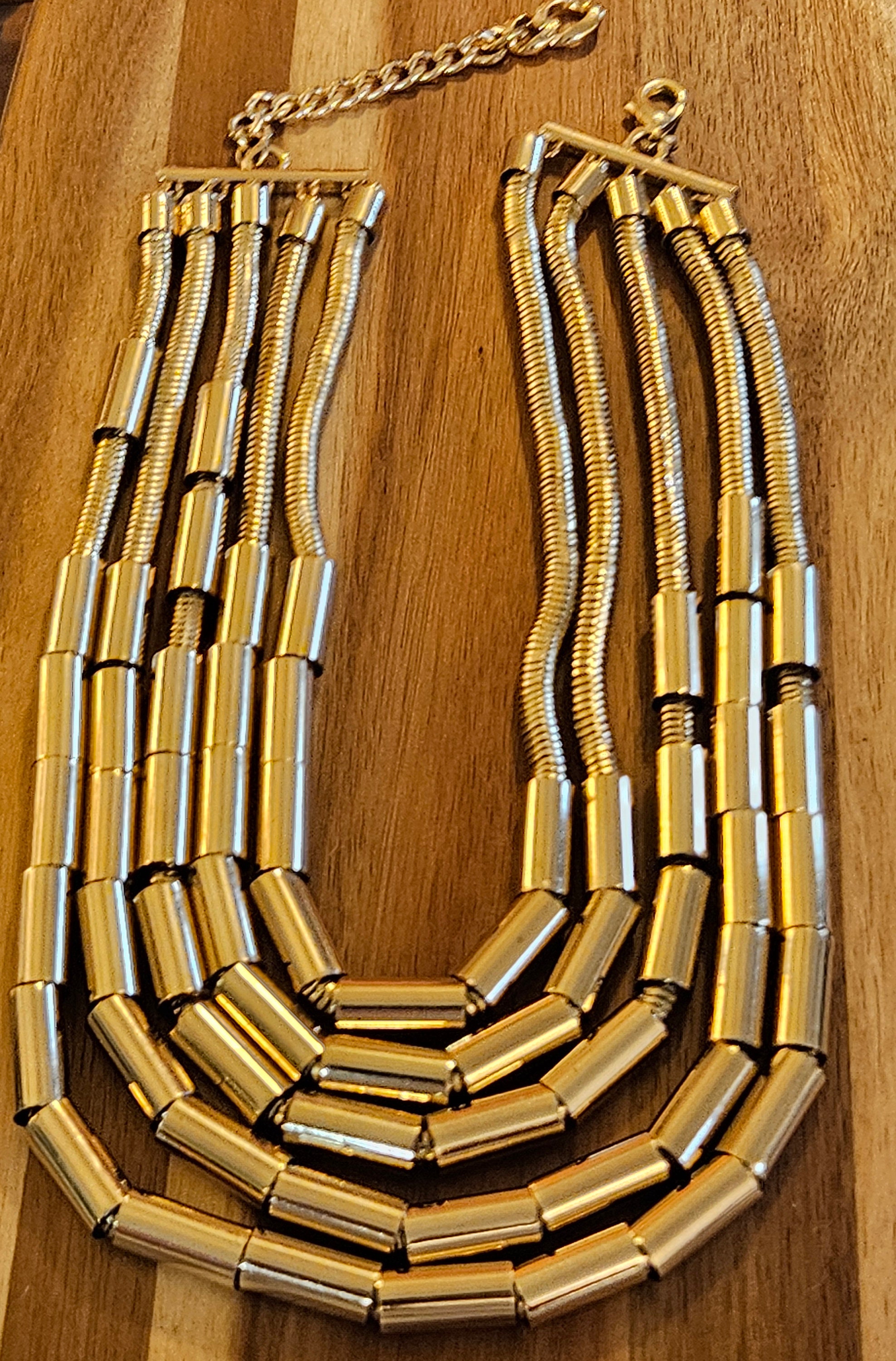 Vintage Roman Luxe Gold Five-strand Snake Chains and Tubes Bib Necklace ...