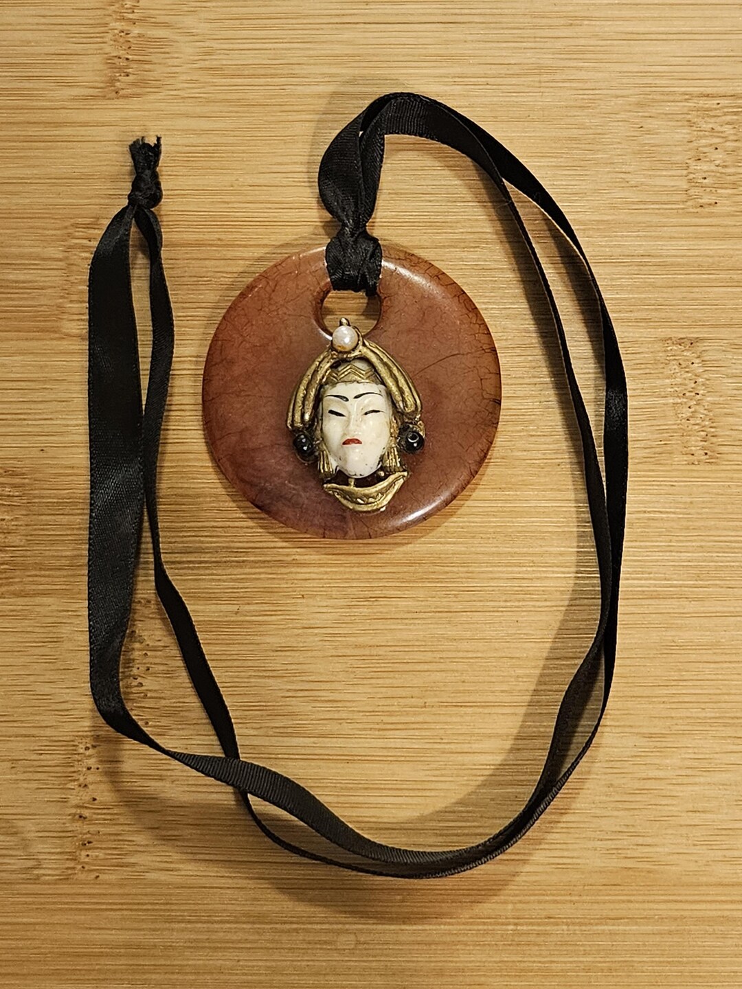 Vintage Selro Asian Princess Face on a Round Pendant on a Black Silk ...