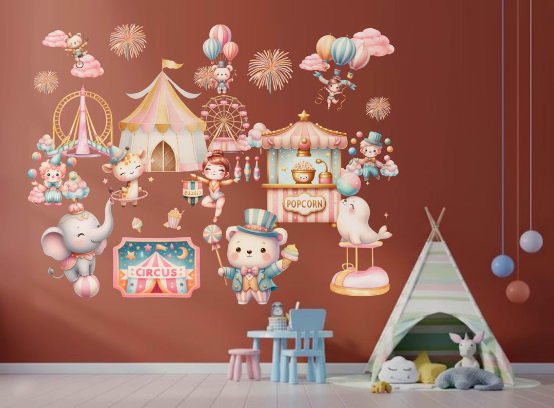 Removable Vinyl Paste Color Circus Animal Wall Decal Animal Funfair ...