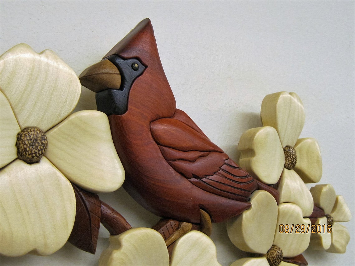 CARDINAL DOGWOOD, Hand Carved Intarsia Flower Gift Carved by Rakowoods ...