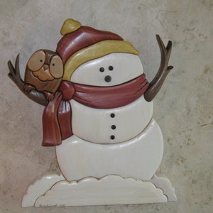 SNOWMAN & THE OWL, Hand Carved Intarsia Wooden Wall Decor by Rakowoods ...