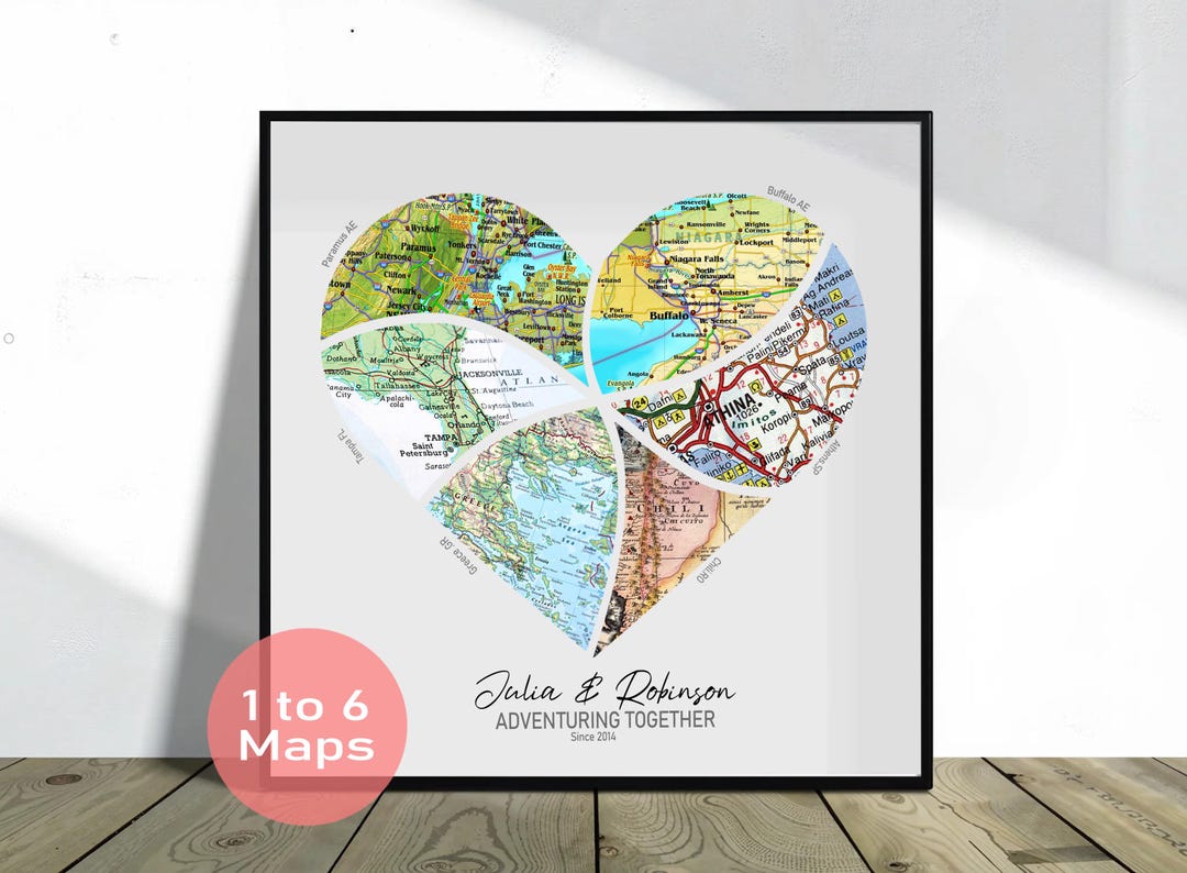 Personalized Heart Map Print: 1-6 Locations, "curved Split" Style Heart ...