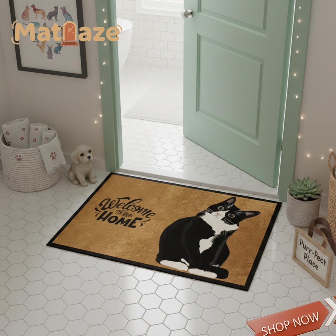 Cat Door Mat Cute Black Cat Welcome Mat, Tuxedo Cat Rug, Front Door ...