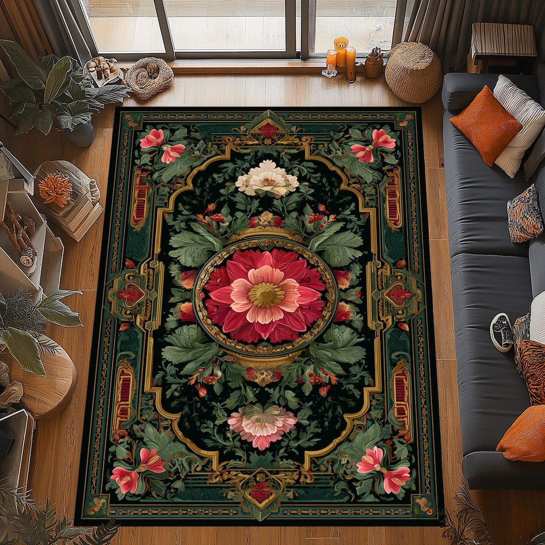 Floral Baroque Rug: Red Green Gold Pattern, Ornate Botanical Design ...